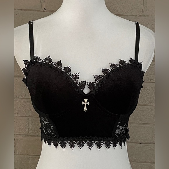 Tops | Goth Black Lace Velvet Bra Top Sm | Poshmark